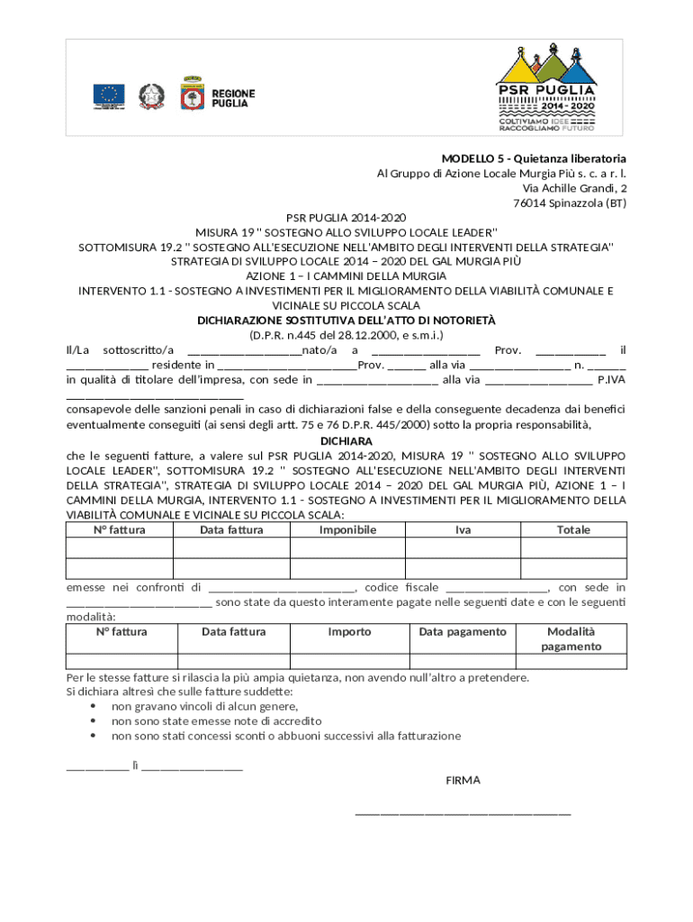 MODELLO 5 - dichiarazione di quietanza liberatoria Doc Template | pdfFiller