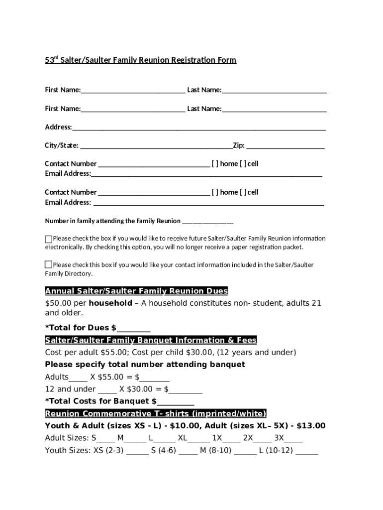 53rd Salter/Saulter Family Reunion Registration Doc Template | pdfFiller