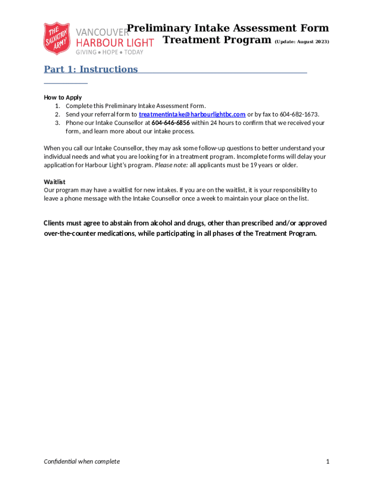 Preliminary Intake Assessment Doc Template | pdfFiller