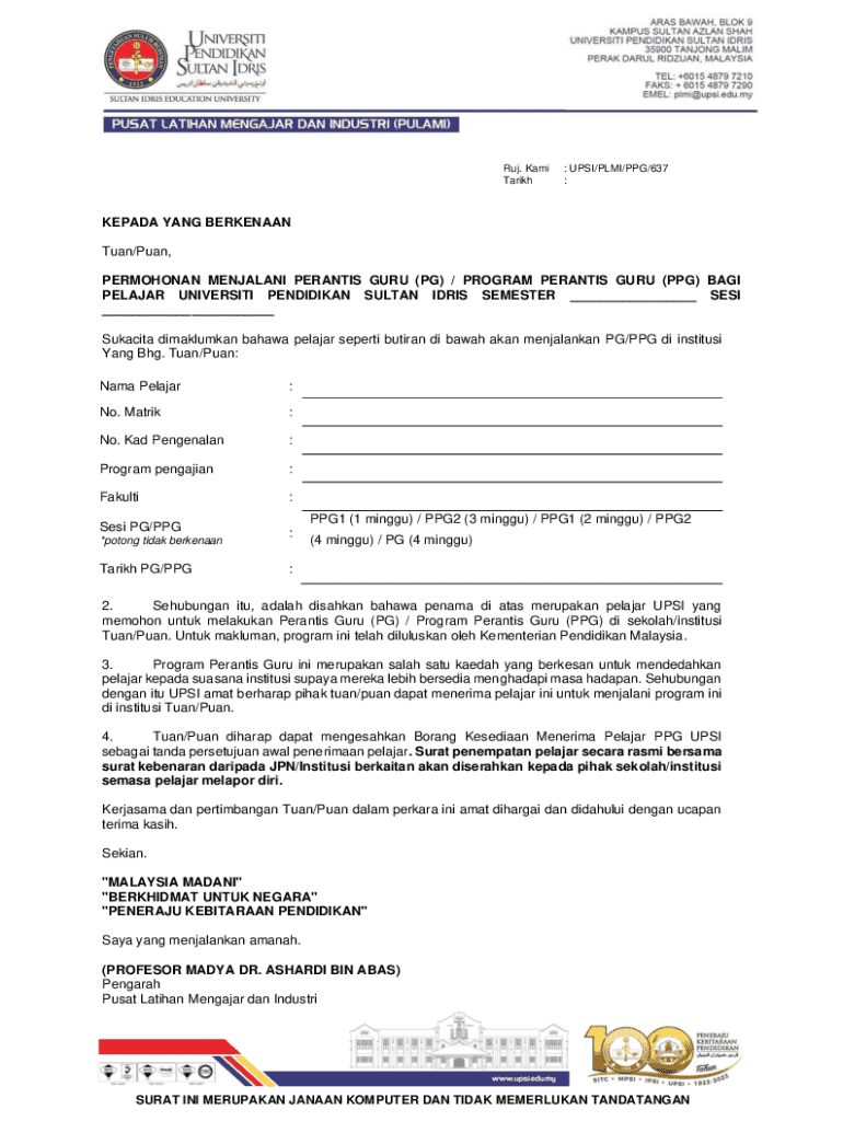 Fillable Online surat permohonan dan kelulusan menjalani perantis guru ...