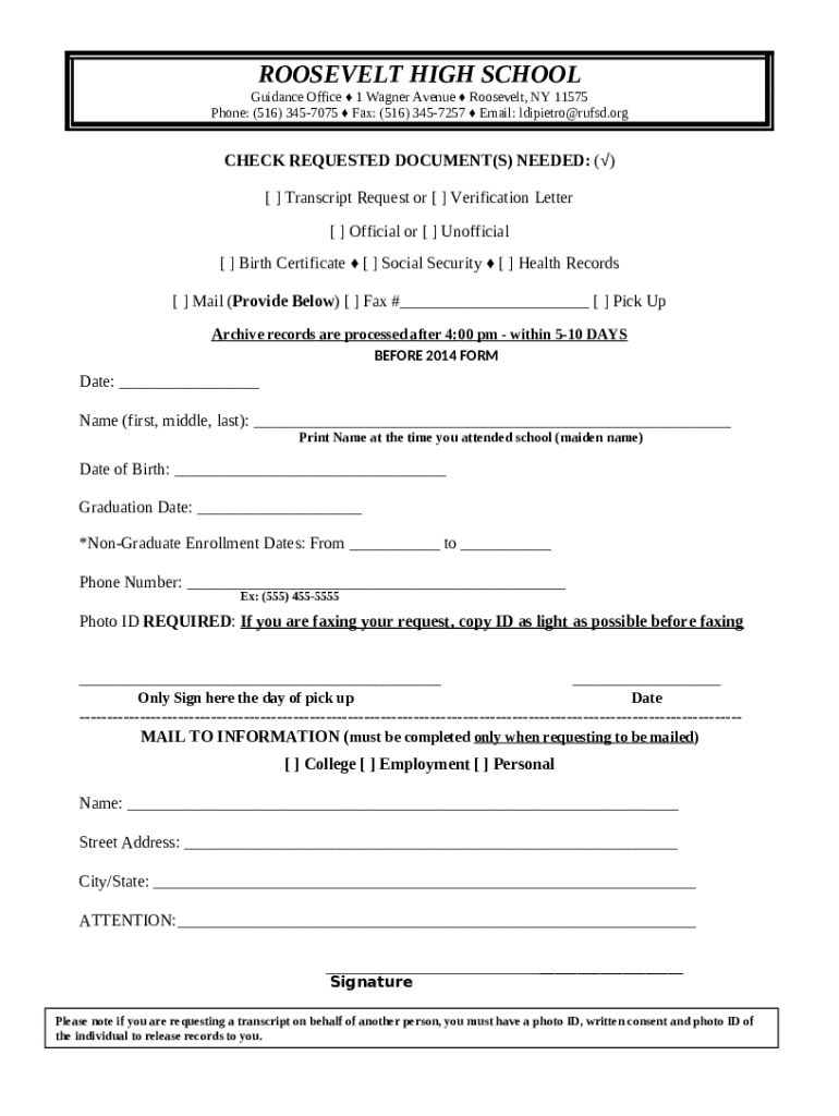 Roosevelt High School Transcript Request Doc Template | pdfFiller