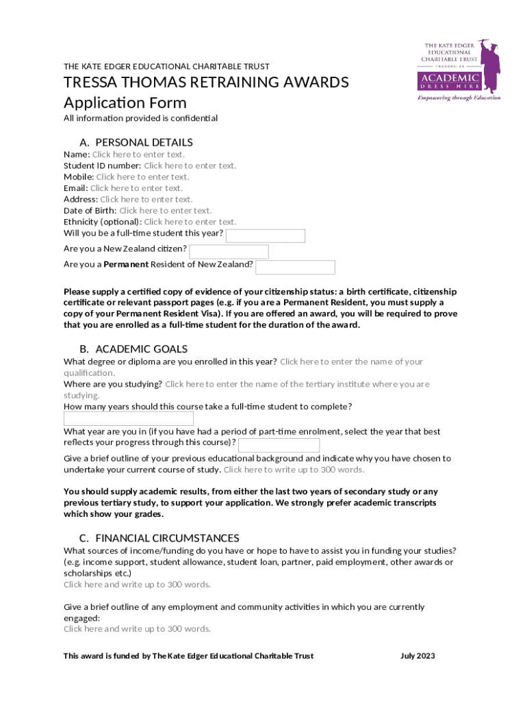 TRESSA THOMAS RETRAINING AWARD Application Doc Template | pdfFiller