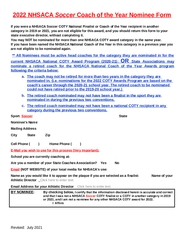 2022 NHSACA Soccer Coach of the Year Nominee Doc Template | pdfFiller