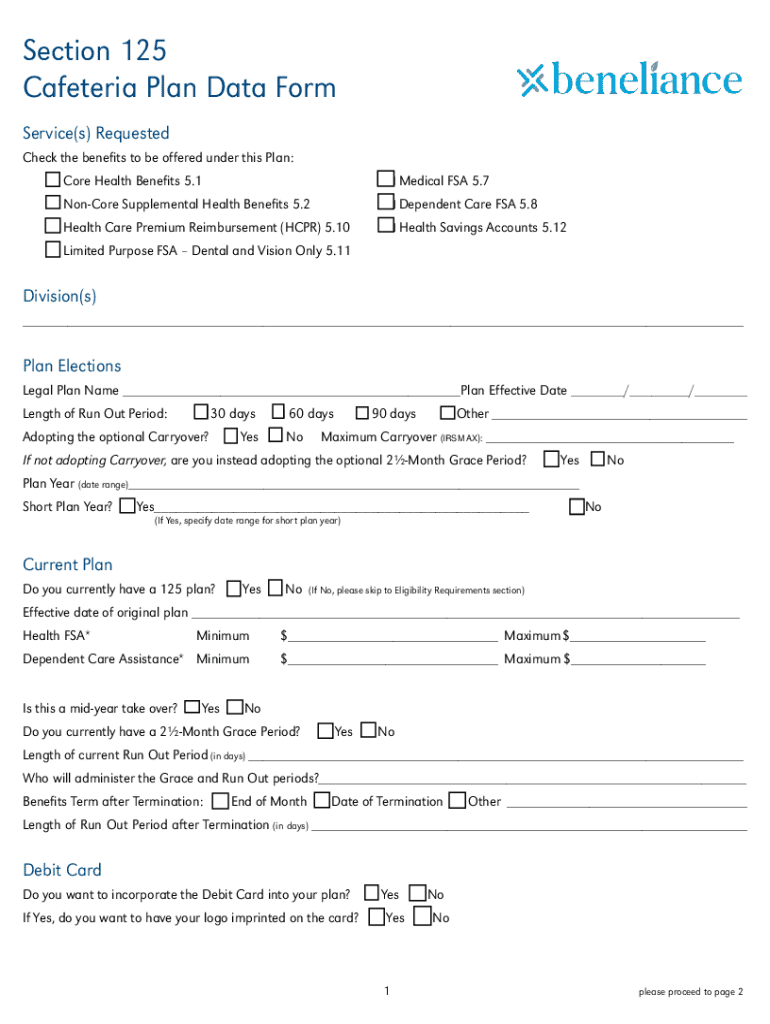 Fillable Online Section 125 Cafeteria Plan Data Form Fax Email Print ...
