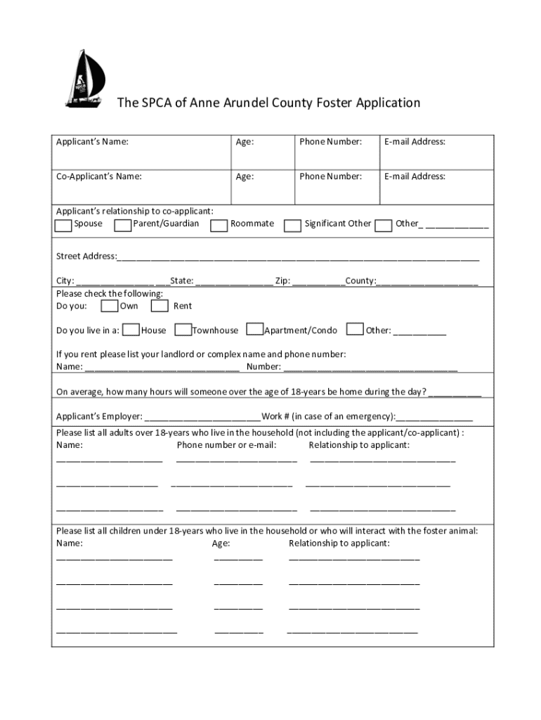 Fillable Online The SPCA of Anne Arundel County Foster Application Fax ...