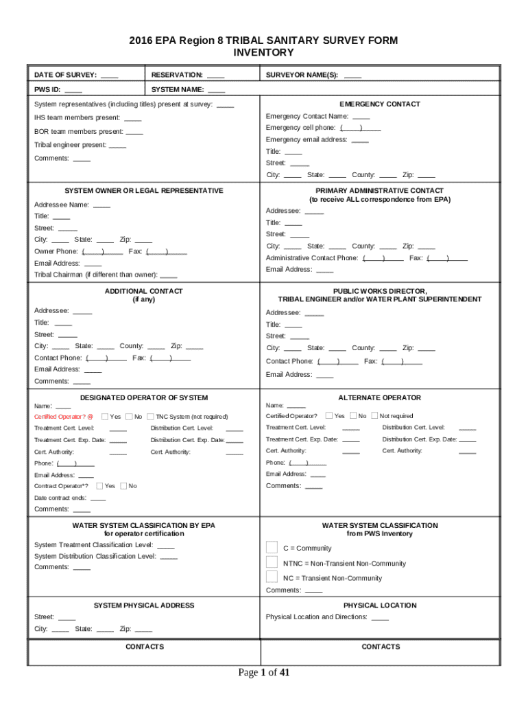 2016 EPA Region 8 TRIBAL SANITARY SURVEY Doc Template | pdfFiller