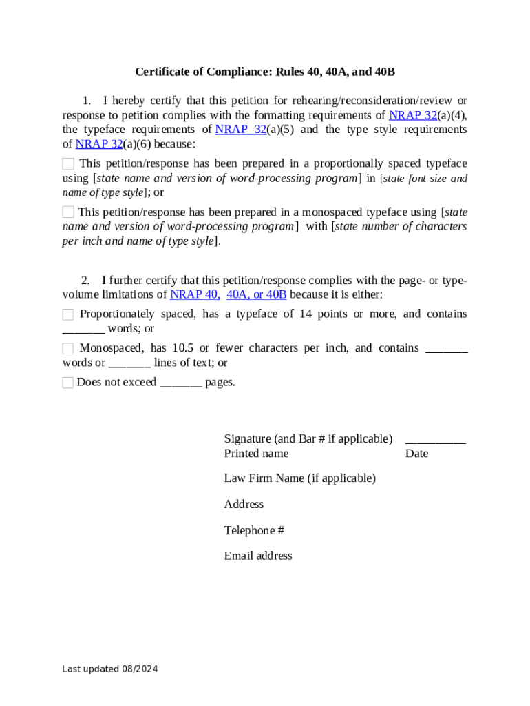 Certificate of Compliance For Rules 40, 40A, and 40B Doc Template ...