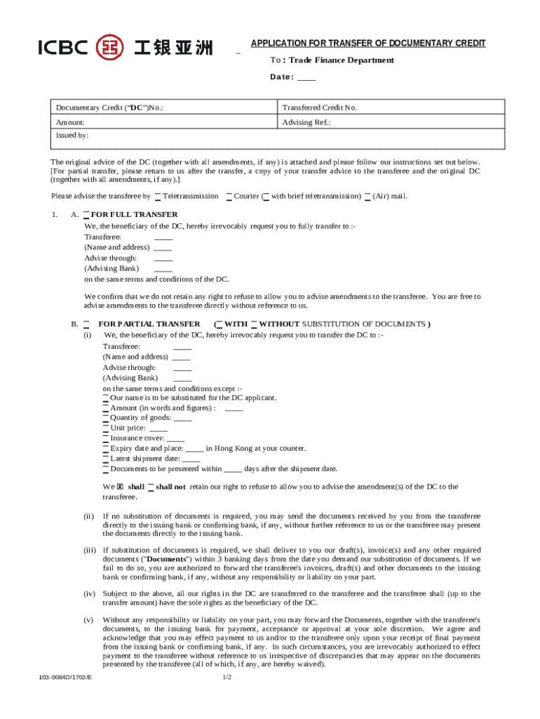 APPLICATION FOR TRANSFER OF DOCUMENTARY ... Doc Template | pdfFiller