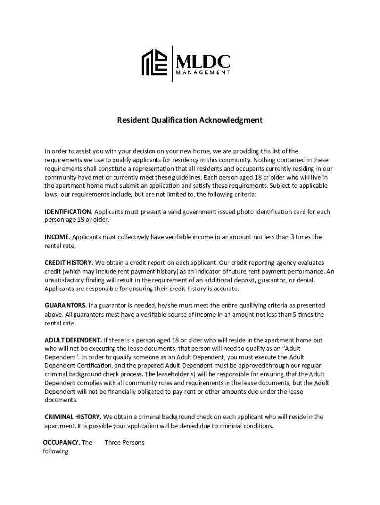 Fillable Online 2023 Resident Qualification Guidelines for Leasing ...