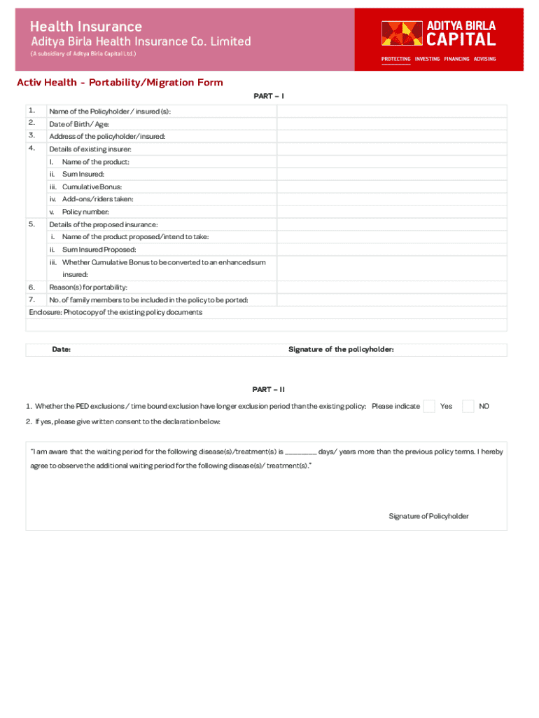 Fillable Online Aditya Birla Health Insurance Activ Health Portability ...