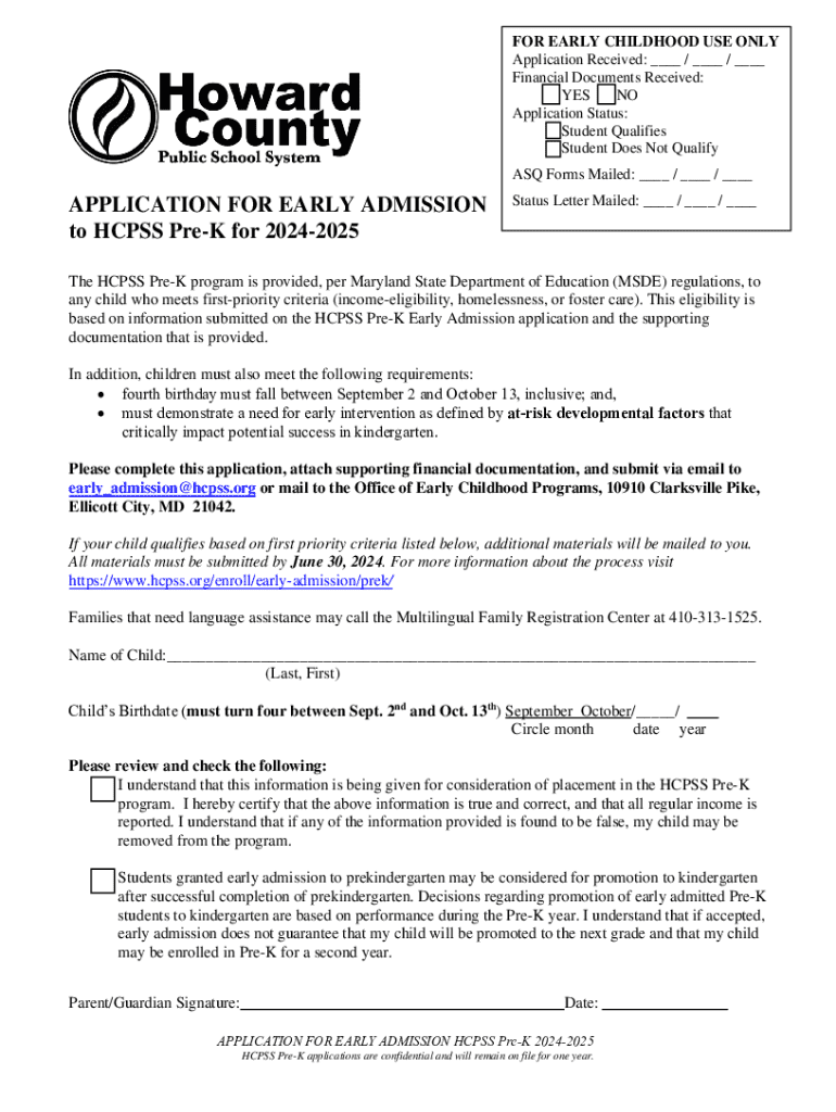 Fillable Online APPLICATION FOR EARLY ADMISSION to HCPSS Pre-K for 2024 ...