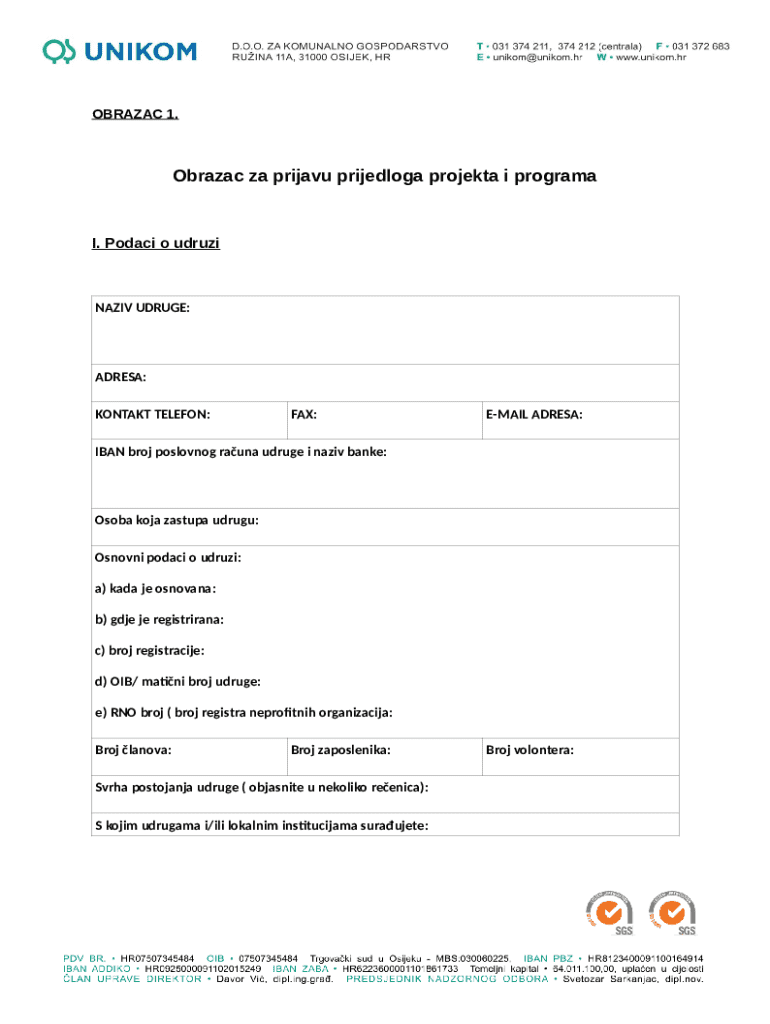 Obrazac za prijavu prijedloga projekta i programa Doc Template | pdfFiller