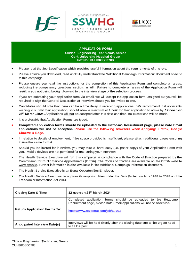 Clinical Engineering Technician, Senior, Cork University ... Doc Template | pdfFiller