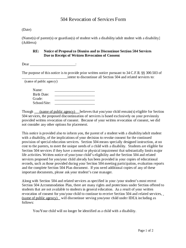 504 Revocation of Services Doc Template | pdfFiller