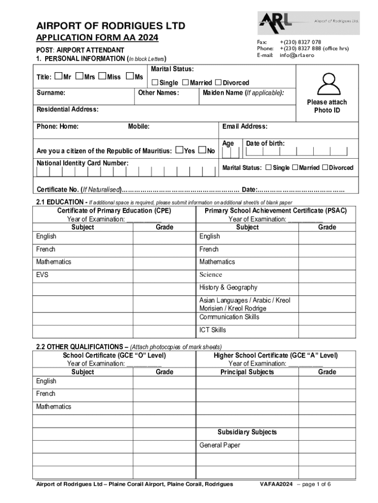 Fillable Online airport of rodrigues ltd application form aa 2024 Fax ...