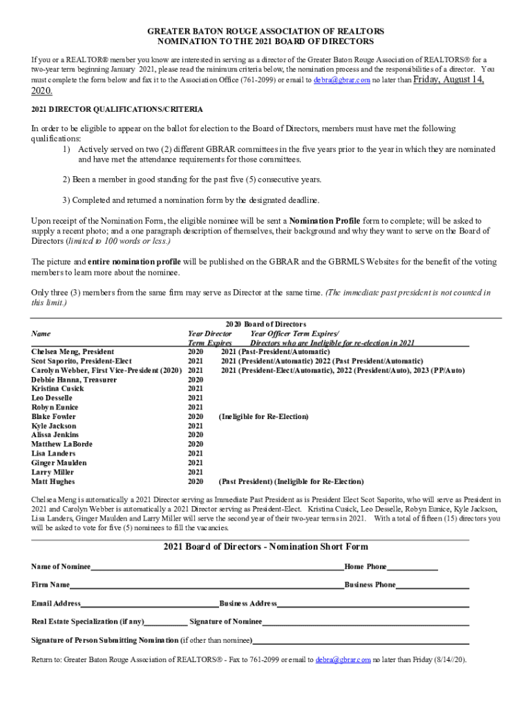 Fillable Online 2020. 2021 Board of Directors - Nomination Short Form Fax Email Print - pdfFiller