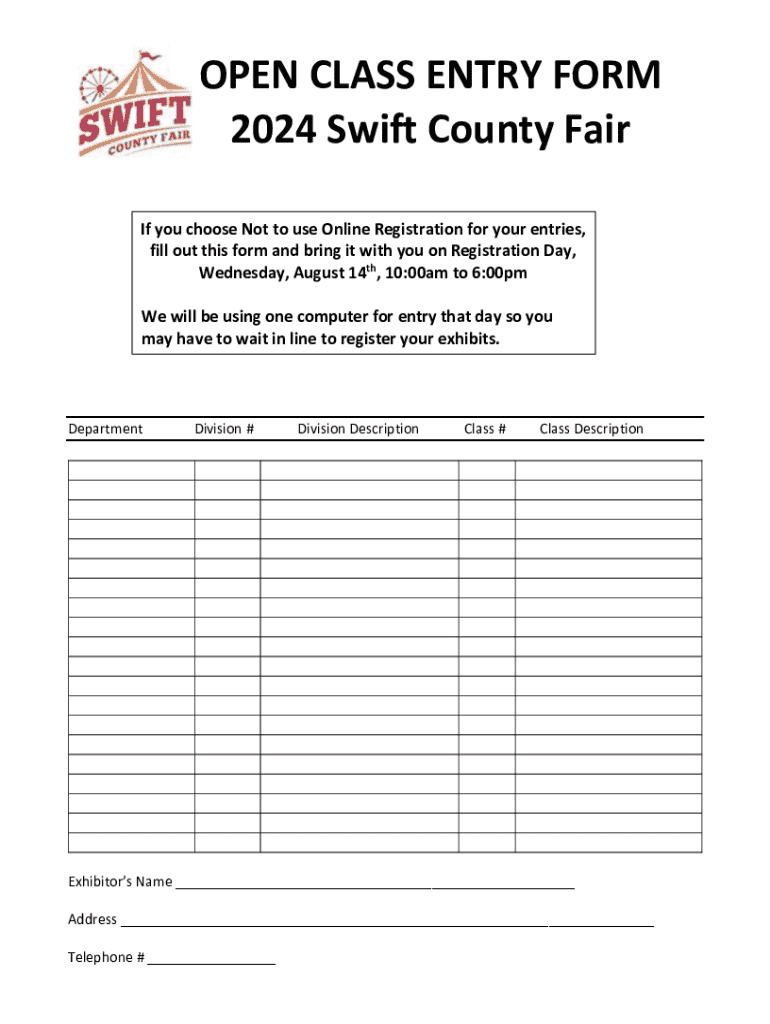 Fillable Online Swift County Fair - Open Class Exhibitor Registration ...