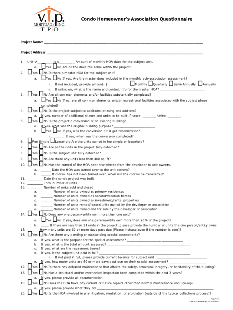 Fillable Online Condominium HOA Full Review Questionnaire Fax Email ...