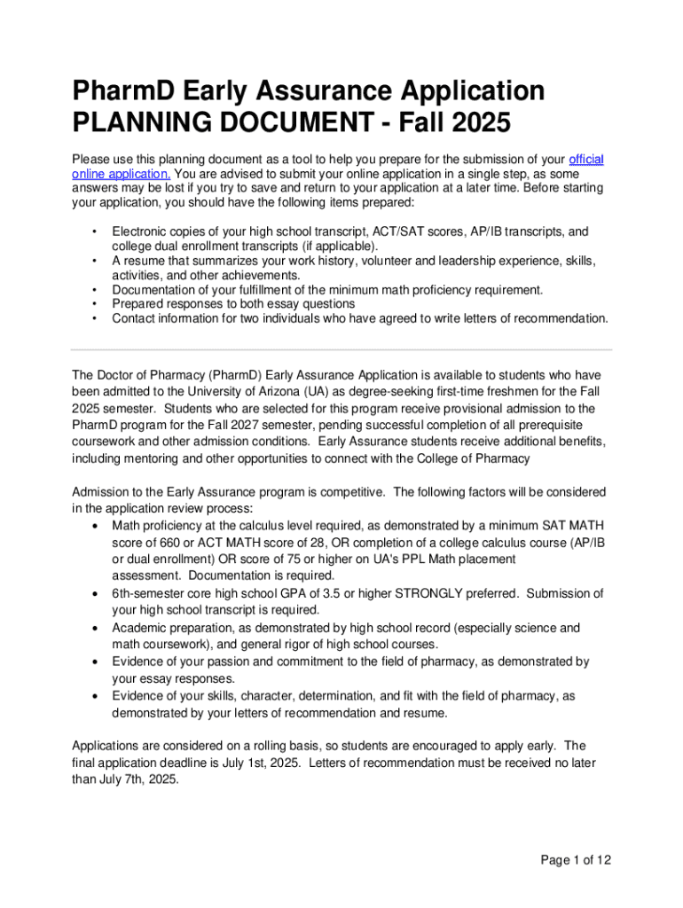 Fillable Online PharmD Early Assurance Application PLANNING DOCUMENT Fax Email Print - pdfFiller