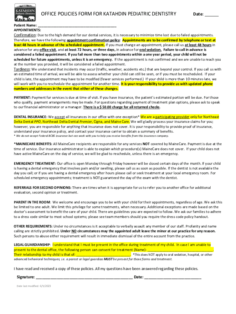 Fillable Online OFFICE POLICIES FORM FOR KATAHDIN ... Fax Email Print ...