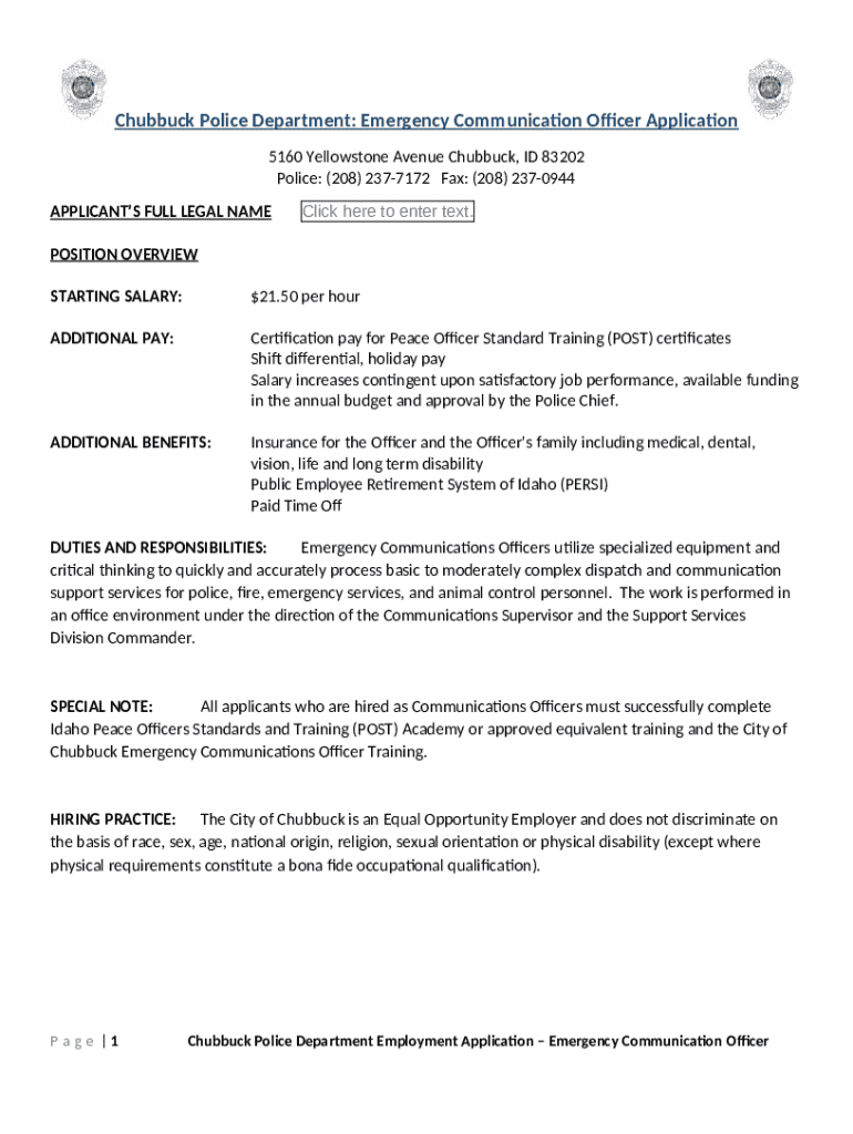 Chubbuck Police Department Application Doc Template | pdfFiller