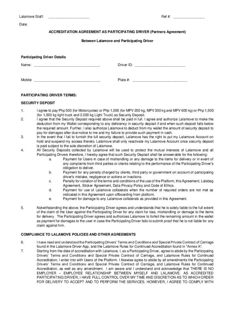 Fillable Online Accreditation Agreement As Participating Driver Between ...