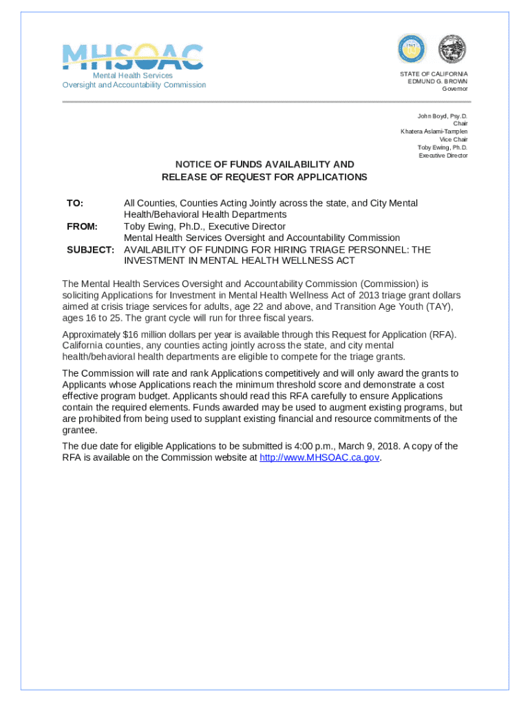 NOTICE OF FUNDS AVAILABILITY AND - mhsoac ca Doc Template | pdfFiller