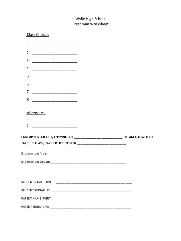Fillable Online Wylie High School Freshman Worksheet Class Choices 1 ...
