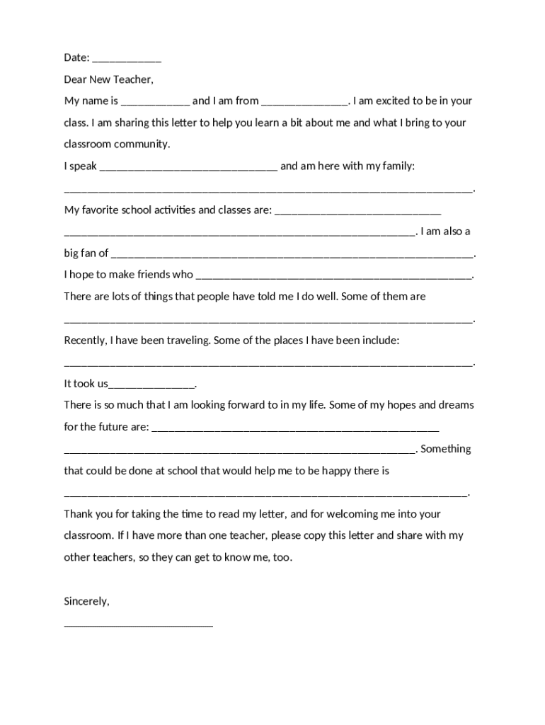 Dear teacher letter template Doc Template | pdfFiller