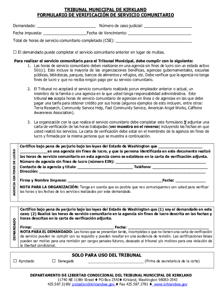 Rellenable en línea Espanol Community Service Form. Formulario De ...