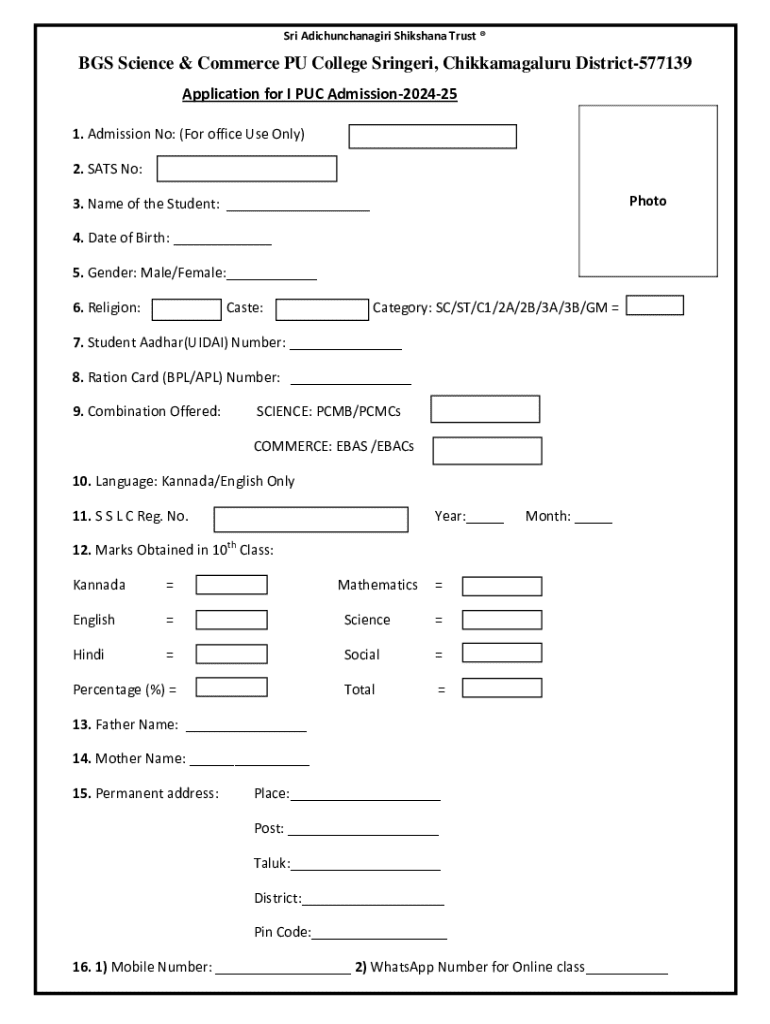 Fillable Online Sri BGS Science PU College, Sringeri - Schools ...