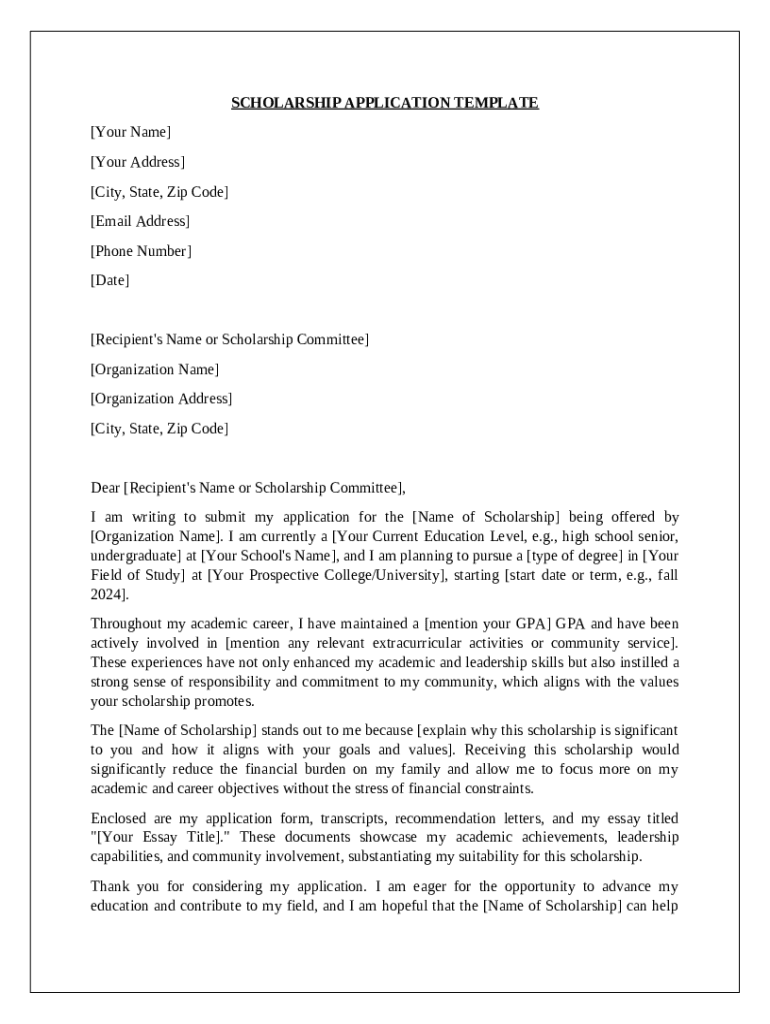 SCHOLARSHIP APPLICATION TEMPLATE Your Name... Doc Template | pdfFiller