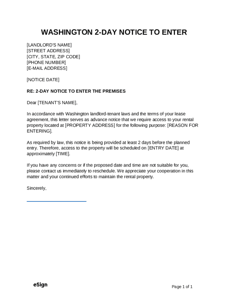 Washington 2-Day Landlord Notice to Enter - es Doc Template | pdfFiller