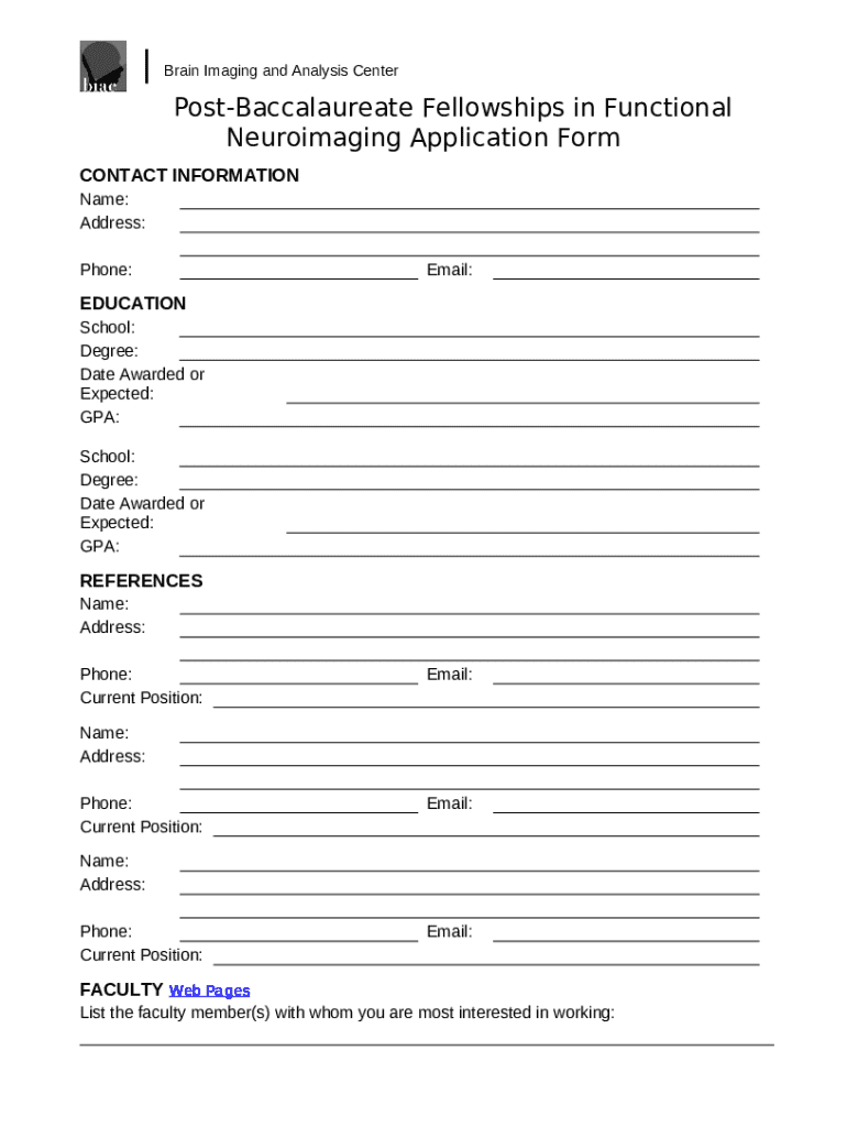 Post-Baccalaureate Fellowships in Functional Neuroimaging Application Doc Template | pdfFiller