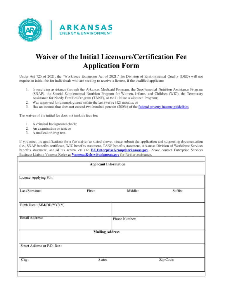 Fillable Online Waiver of the Initial Licensure/Certification Fee Application ... Fax Email ...