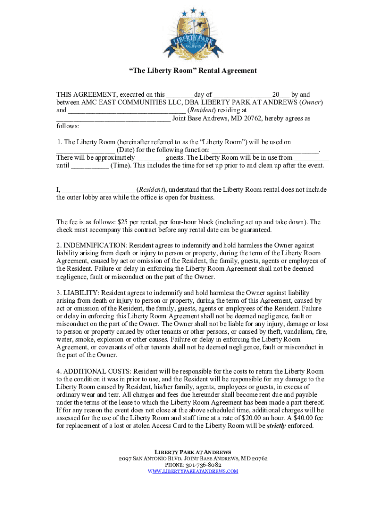 Fillable Online The Liberty Room Rental Agreement Fax Email Print ...