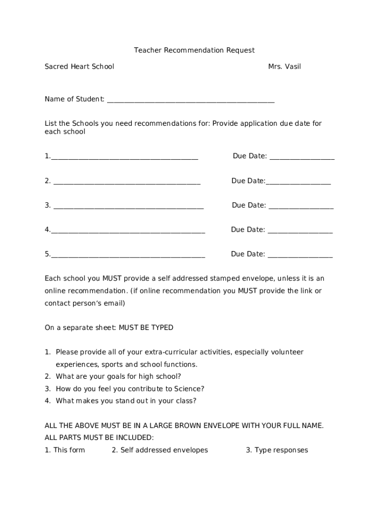 Sacred Heart Academy Teacher Recommendation Doc Template | pdfFiller