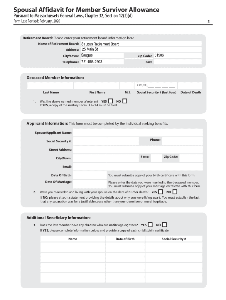 Fillable Online Spousal Affidavit for Member Survivor Allowance Fax Email Print - pdfFiller
