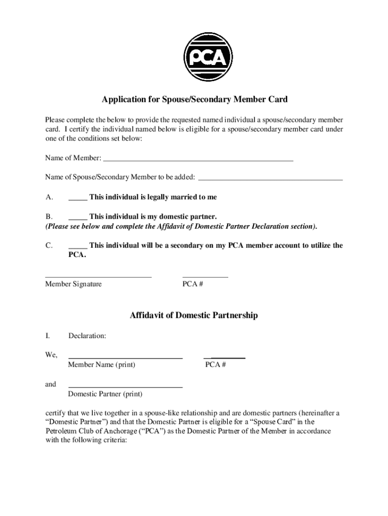 Fillable Online PCA Spouse-Secondary Member Application. ... Fax Email ...