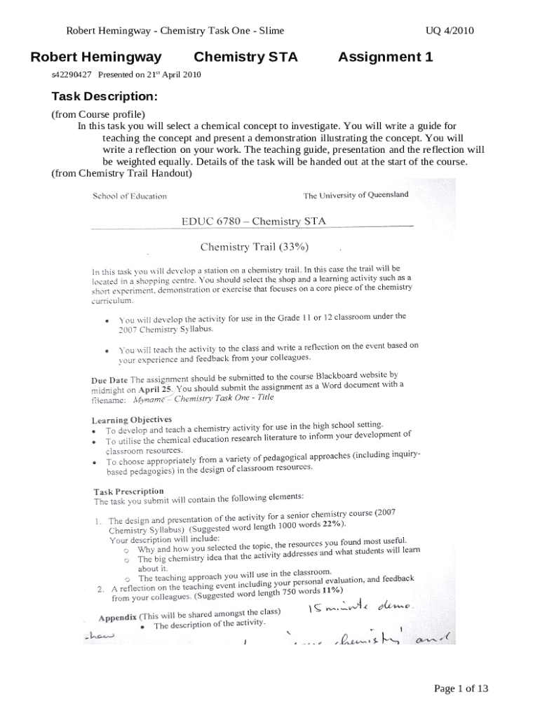 Robert Hemingway Chemistry STA Assignment 1 - maaz ihmc Doc Template | pdfFiller