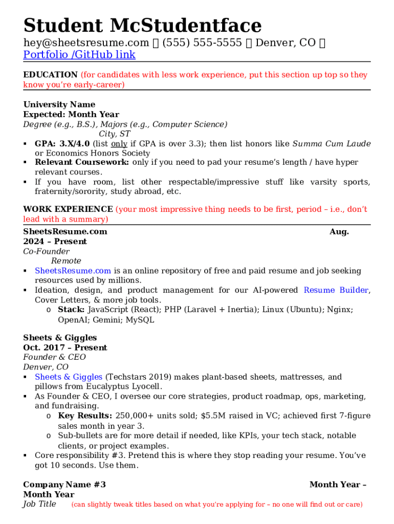 sheets and giggles resume template Doc Template | pdfFiller