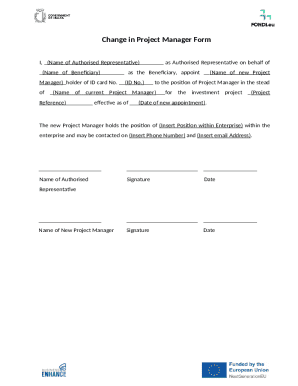 Change in Project Manager Doc Template | pdfFiller