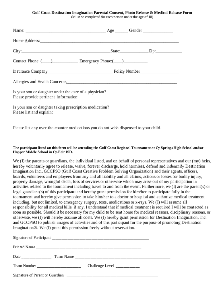 Gulf Coast Destination Imagination Parental Consent, Photo & Medical Release Doc Template ...