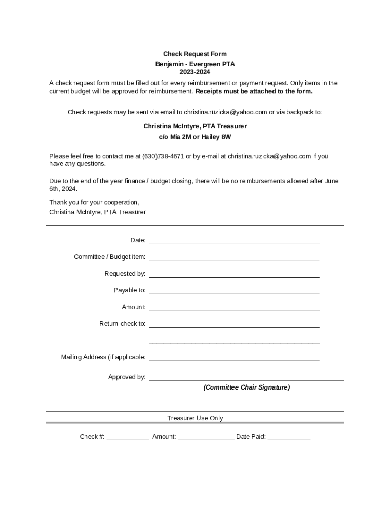 Evergreen School PTA Check Request Doc Template | pdfFiller