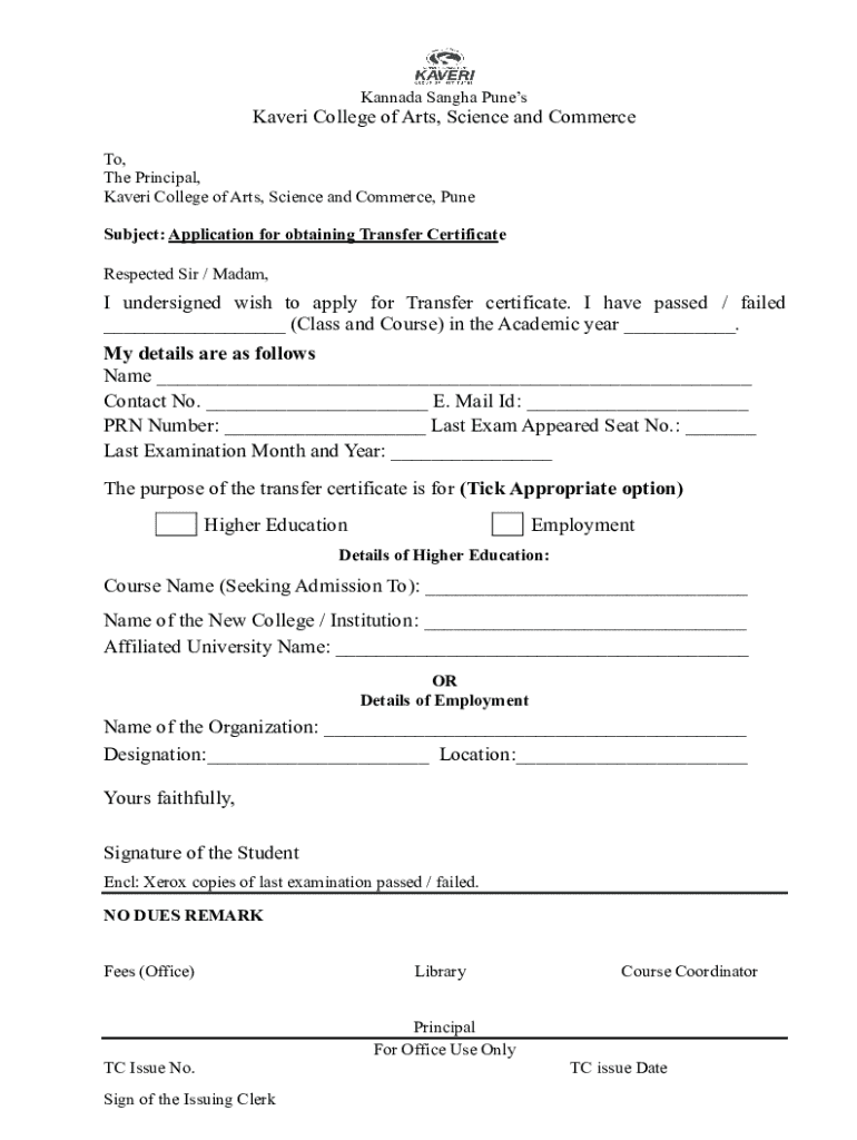 Fillable Online Application for obtaining Transfer Certificate Fax Email Print - pdfFiller