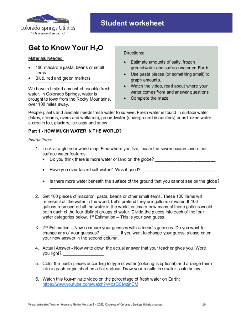 Student Worksheet Get to Know Your H2O - Blank Fillable Template | Fill ...