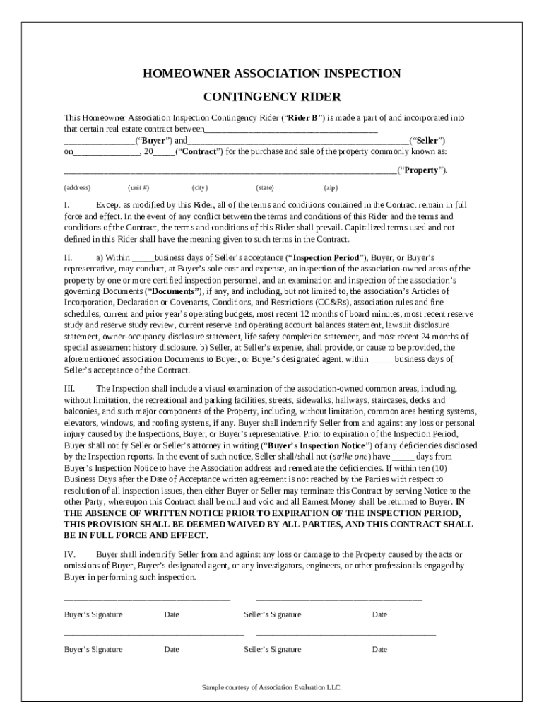 homeowner association inspection contingency rider Doc Template | pdfFiller