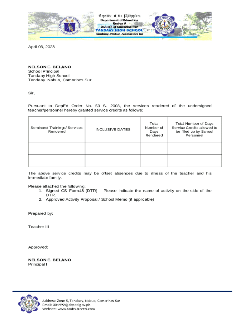 request for service credits - local - Tandaay High School Doc Template | pdfFiller