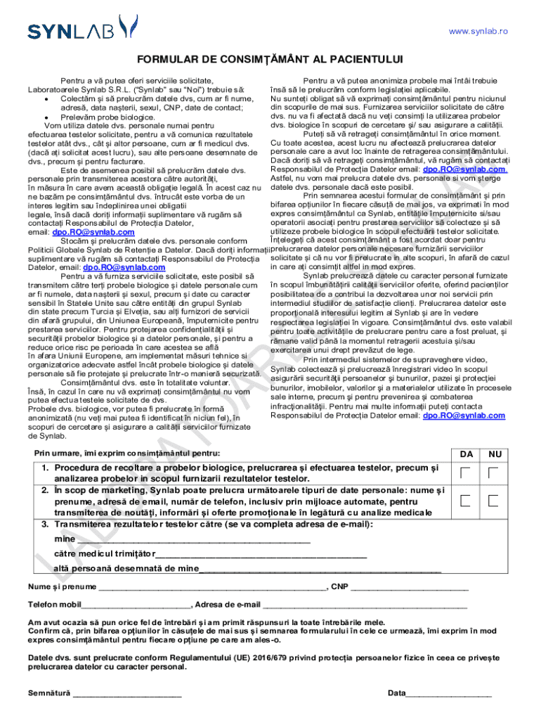 Fillable Online FORMULAR DE CONSIMMNT AL PACIENTULUI Fax Email Print ...