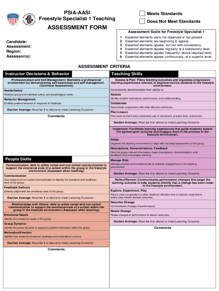 Fillable Online PSIA-AASI Freestyle Specialist 1 Teaching Assessment ...